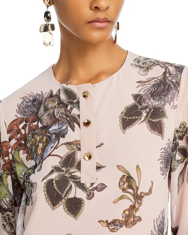 Jason Wu Long Sleeved Printed Forest Floral Henley Top In Rose
